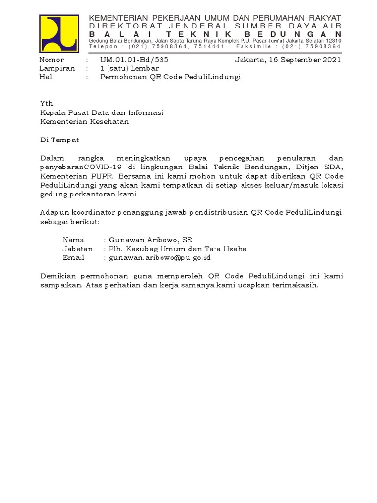 Surat Permohonan QR Code PeduliLindungi | PDF