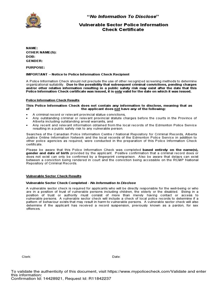 "No Information To Disclose" Vulnerable Sector Police Information Check Certificate | Download ...