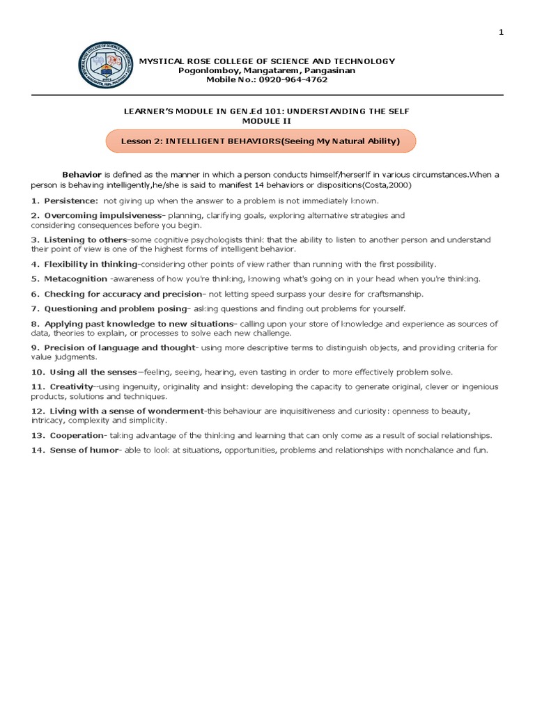 Understanding 14 Intelligent Behaviors | PDF | Learning | Behavior