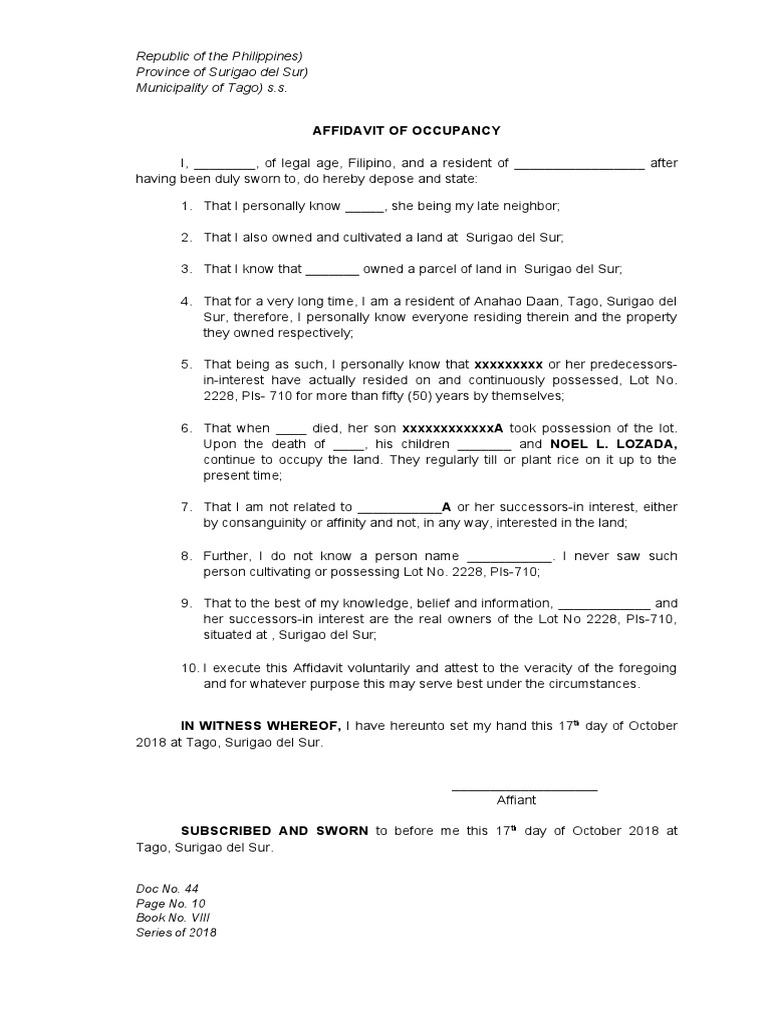 Affidavit of Occupancy: Establishing Ownership of Lot No. 2228 Through ...