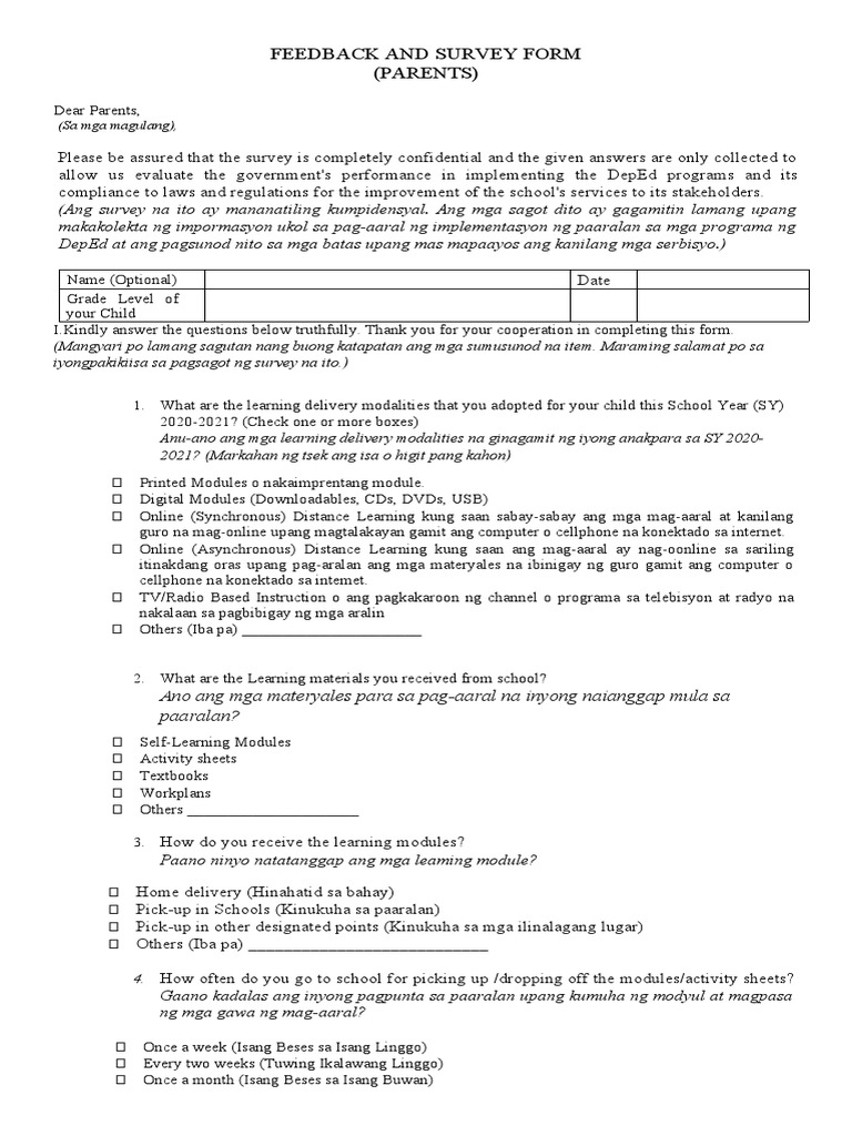 Feedback and Survey Form Parents | PDF
