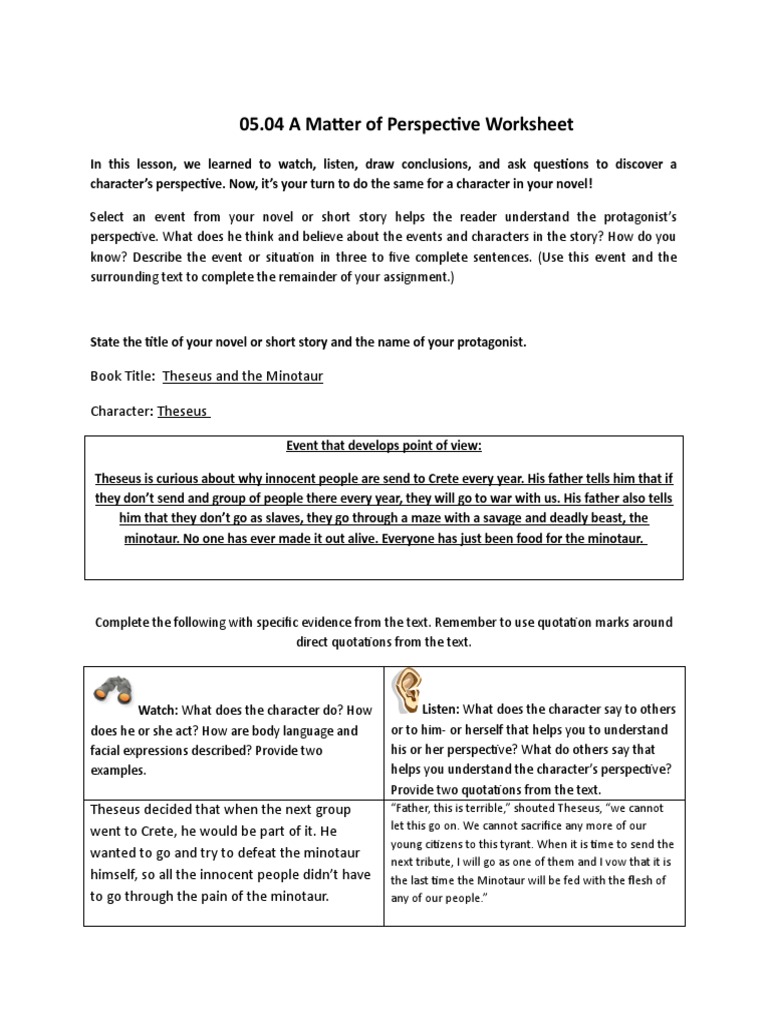 Character Perspective Analysis Worksheet | PDF | Theseus | Minotaur