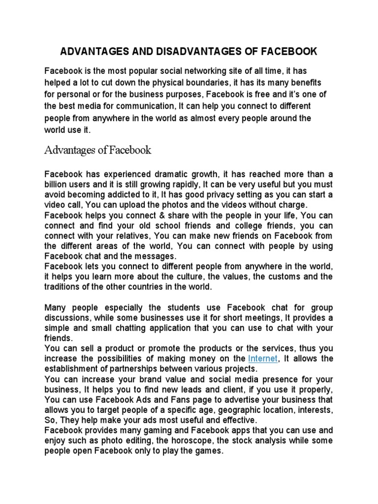 Advantages and Disadvantages of Facebook | PDF | Facebook | Computer Virus