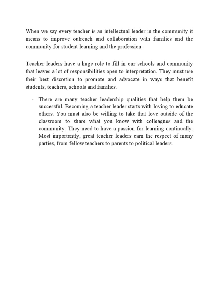 When We Say Every Teacher Is An Intellectual Leader in The Community It ...