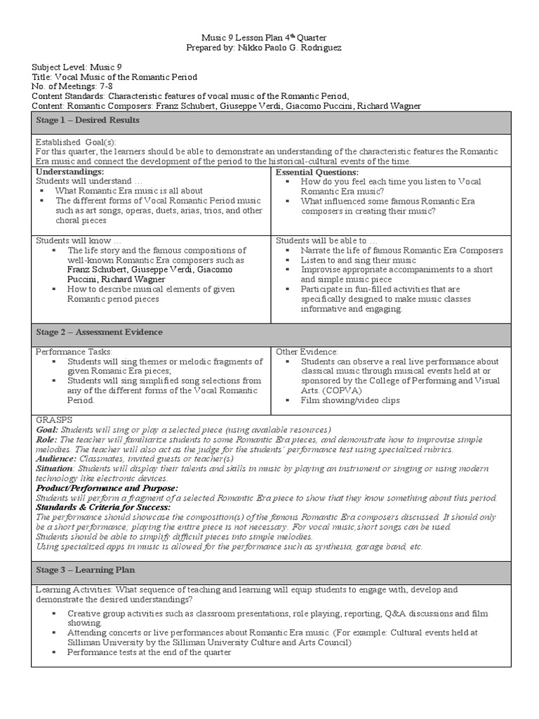 Music 9 Lesson Plan 4th Quarter | PDF | Composers | Romantic Music
