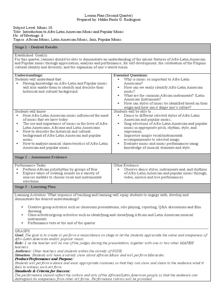 Lesson Plan Grade 10 Second Quarter | PDF | Dances | Popular Music