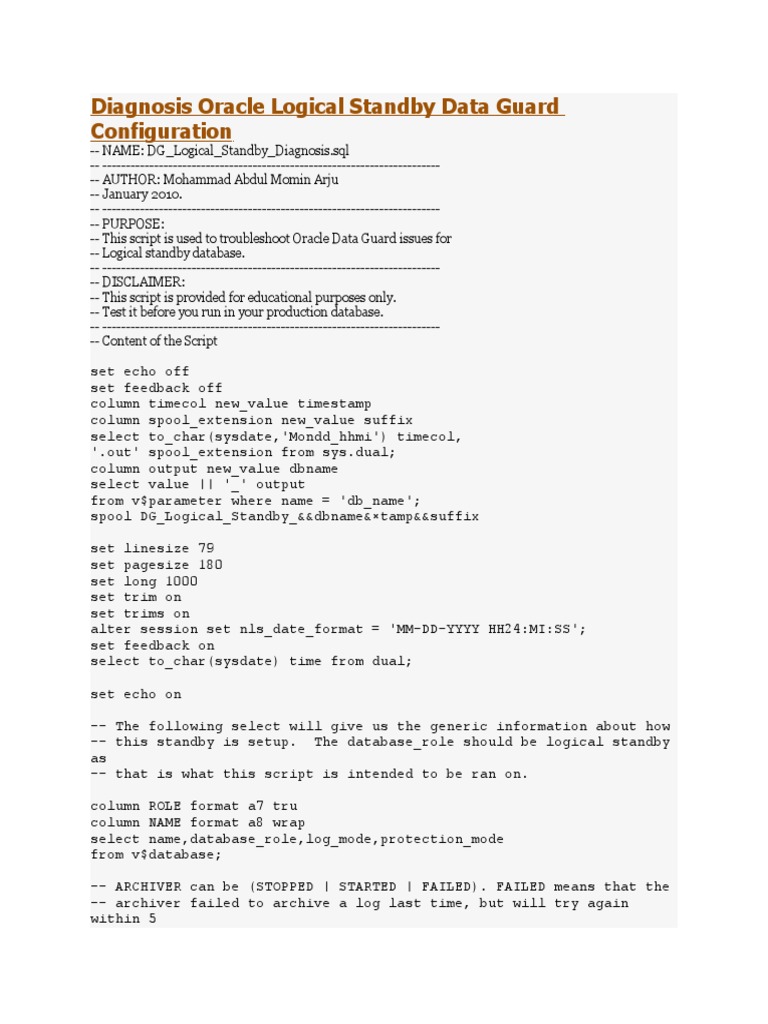 Diagnosis Oracle Logical Standby Data Guard Configuration and Scripts | PDF | Databases | Table ...