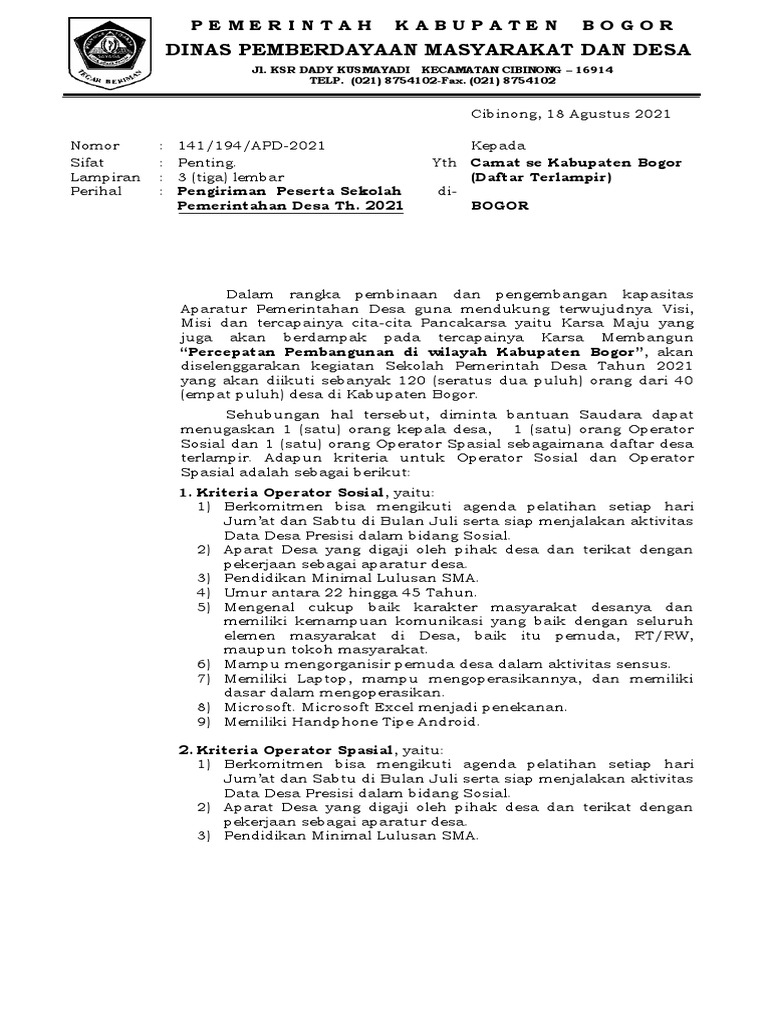 Surat Kepala DPMD Kabupaten Bogor Perihal Pengiriman SPD Th. 2021 | PDF