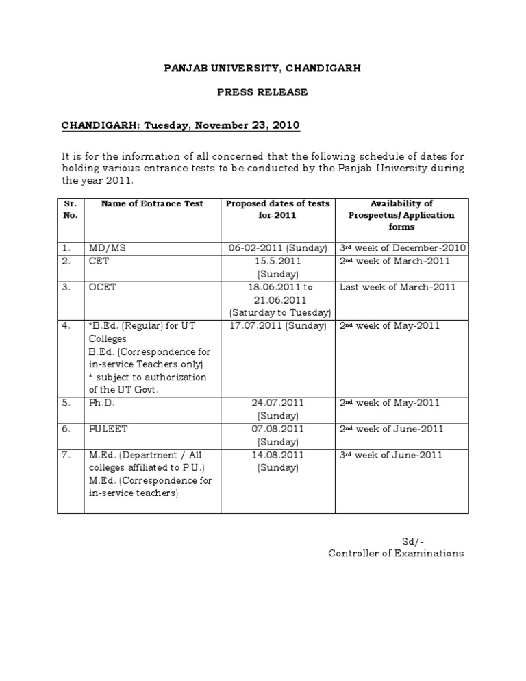 Panjab University 2011 Entrance Test Dates | PDF