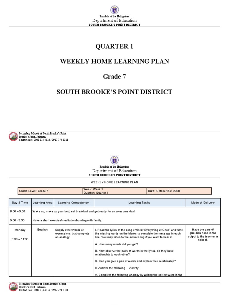 Grade 7 Weekly Home Learning Plan Quarter 1 | PDF | Scientific Method ...