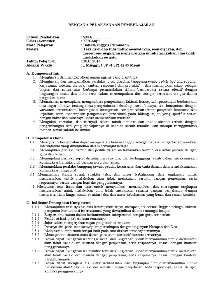 RPP Sma Bahasa Inggris Peminatan Kelas Xi | PDF | Karier & Perkembangan