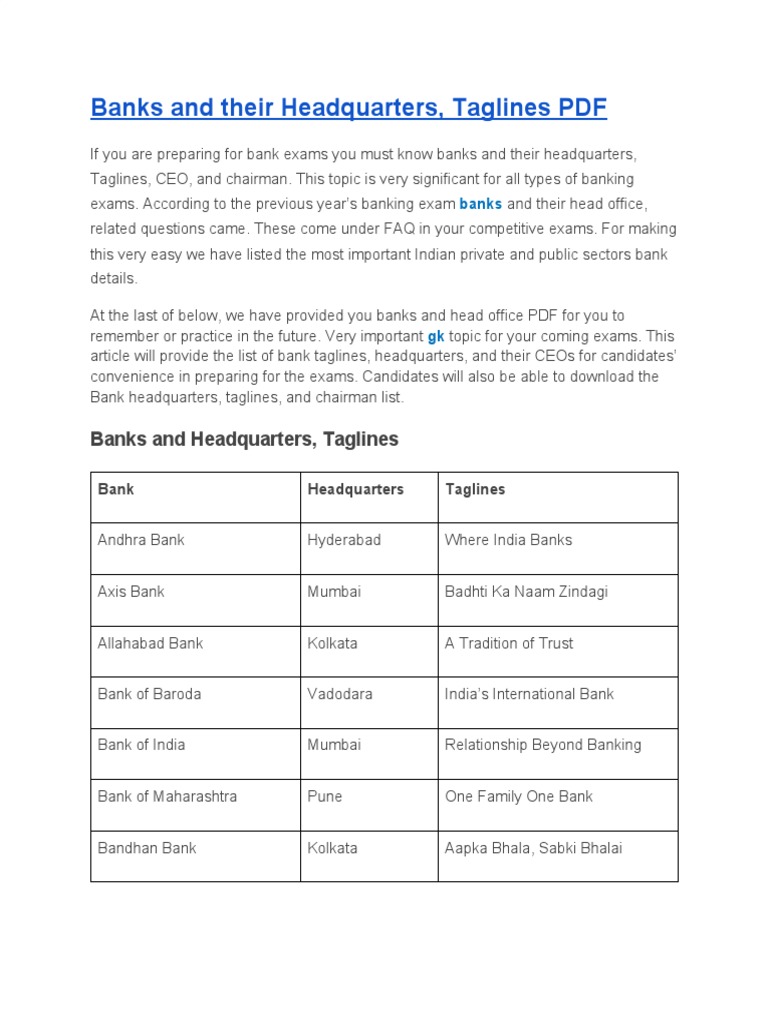 Banks and Their Taglines & HQs | PDF | Economy Of Asia | Economy Of India