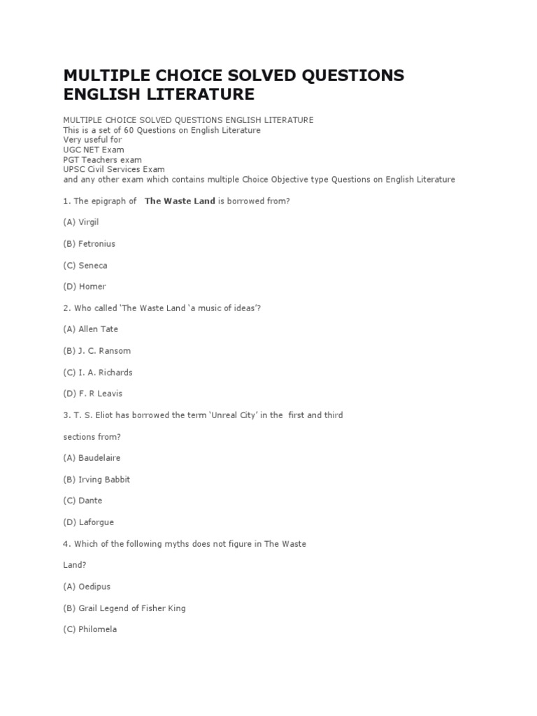Multiple Choice Solved Questions English Literature | PDF | Samuel ...