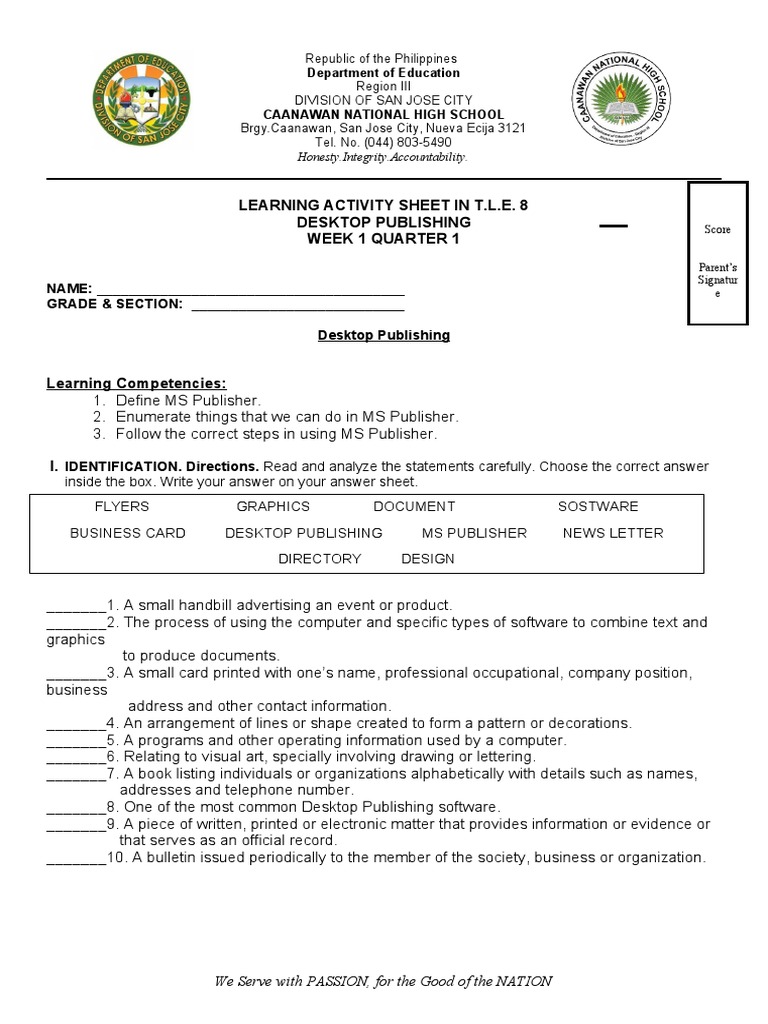 Learning Activity Sheet in T.L.E. 8 Desktop Publishing Week 1 Quarter 1 ...