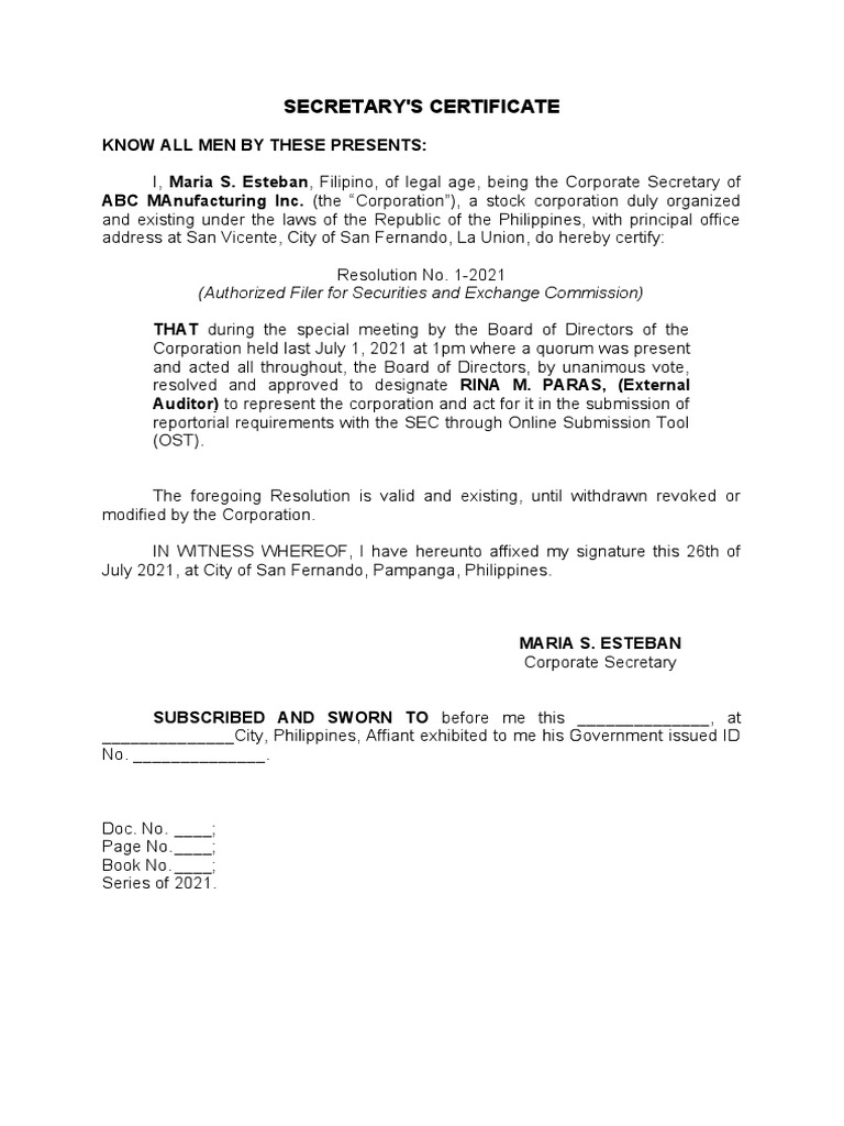 Secretary Certificate for SEC Filing | PDF