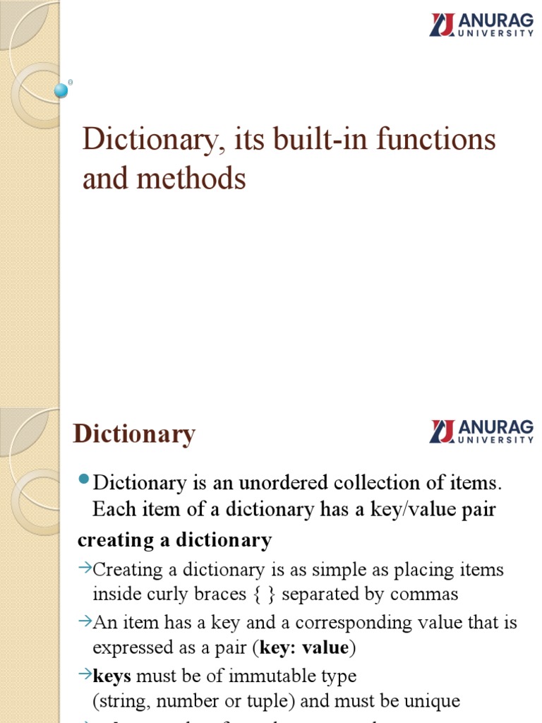 Dictionary Its Built In Functions And Methods Pdf Parameter Computer Programming Bracket