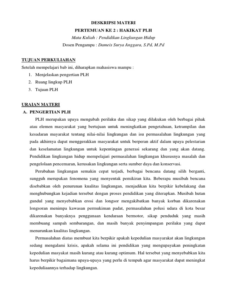 Deskripsi Materi Hakikat PLH | PDF