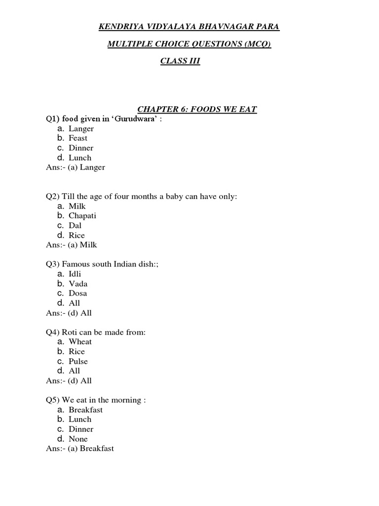 Class Iii MCQ Lesson 6 To 10 | PDF | Foods | Cuisine