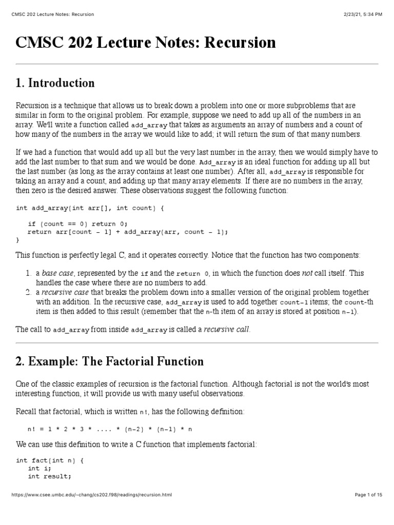 CMSC 202 Lecture Notes: Recursion | PDF | Subroutine | Parameter ... CMSC 202 Lecture Notes: Recursion | PDF | Subroutine | Parameter ...