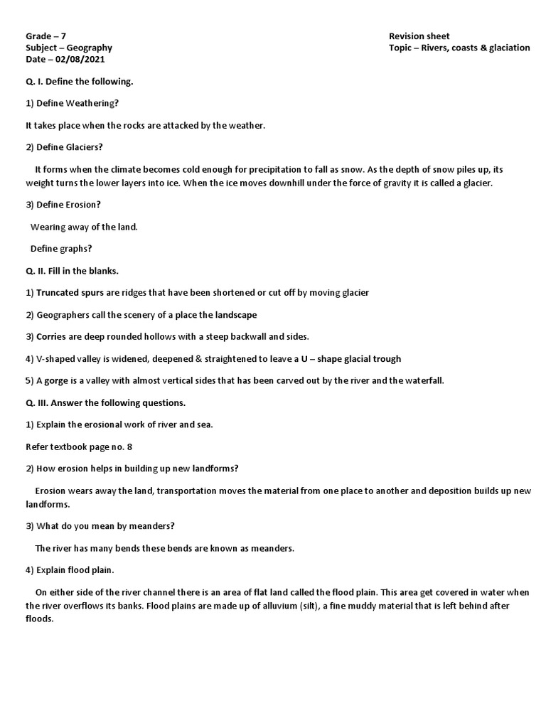 Grade 7 - Revision - Rivers, Coasts & Glaciation - Answer Key | PDF ...