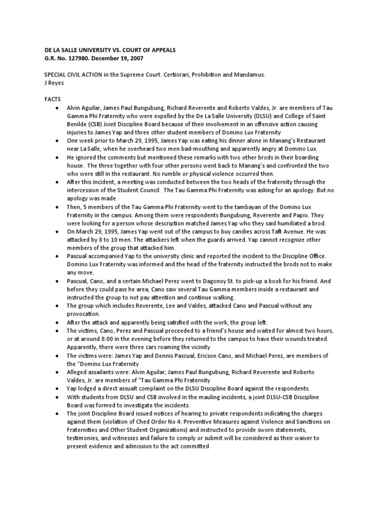 Case Notes (DLSU Vs CA, Et Al) | PDF | Injunction | Due Process Clause