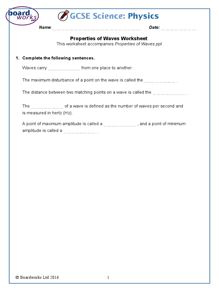 Properties of Waves Worksheet | PDF