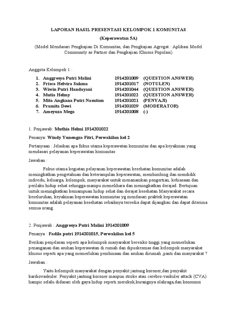 Laporan Hasil Presentasi Kelompok 1 Komunitas | PDF