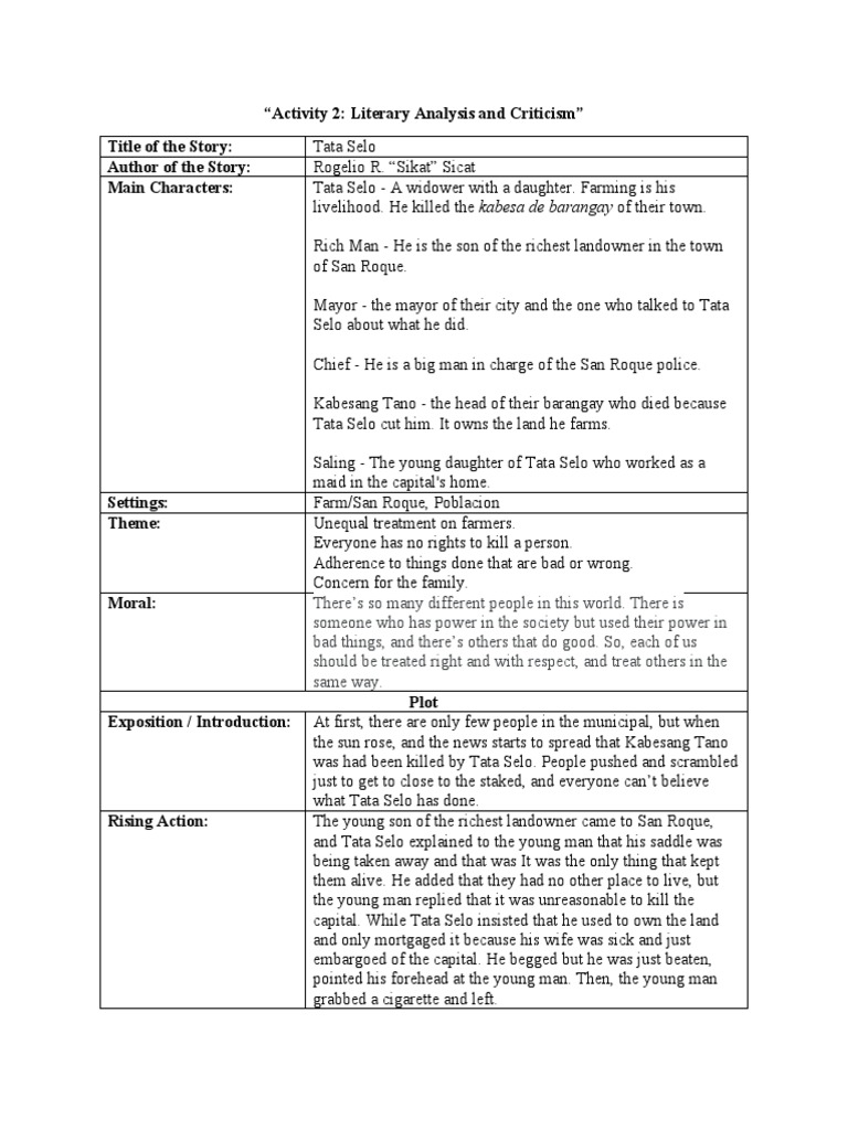 "Activity 2: Literary Analysis and Criticism" Title of The Story ...