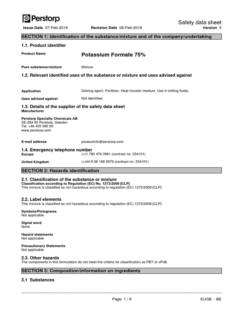 Potassium Formate 75% Safety Data Sheet | PDF | Dangerous Goods | Toxicity