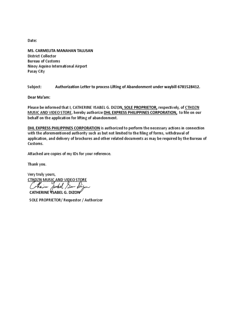 Lifting Authorization Letter 2 | PDF