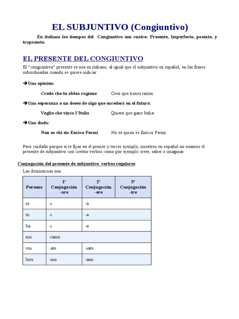 CONGIUNTIVO | PDF | Verbo | Morfología Lingüística