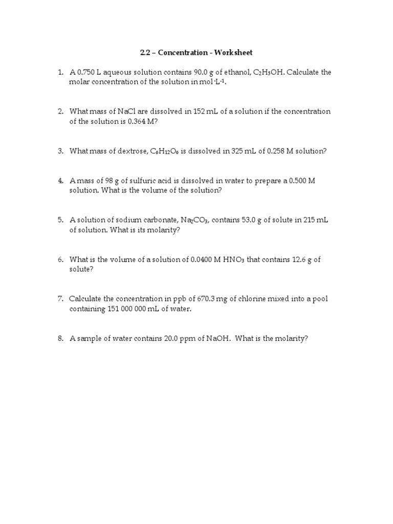 Chemistry 30 - 2.2 - Concentration - Worksheet | PDF
