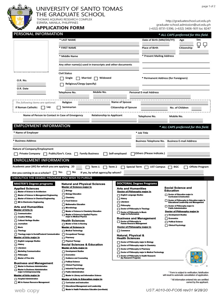 UST Application Form 2 | PDF | Science | Doctor Of Philosophy