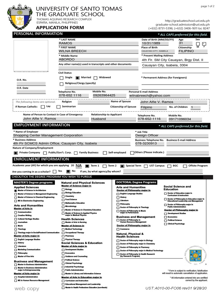 University of Santo Tomas The Graduate School: Application Form | PDF ...