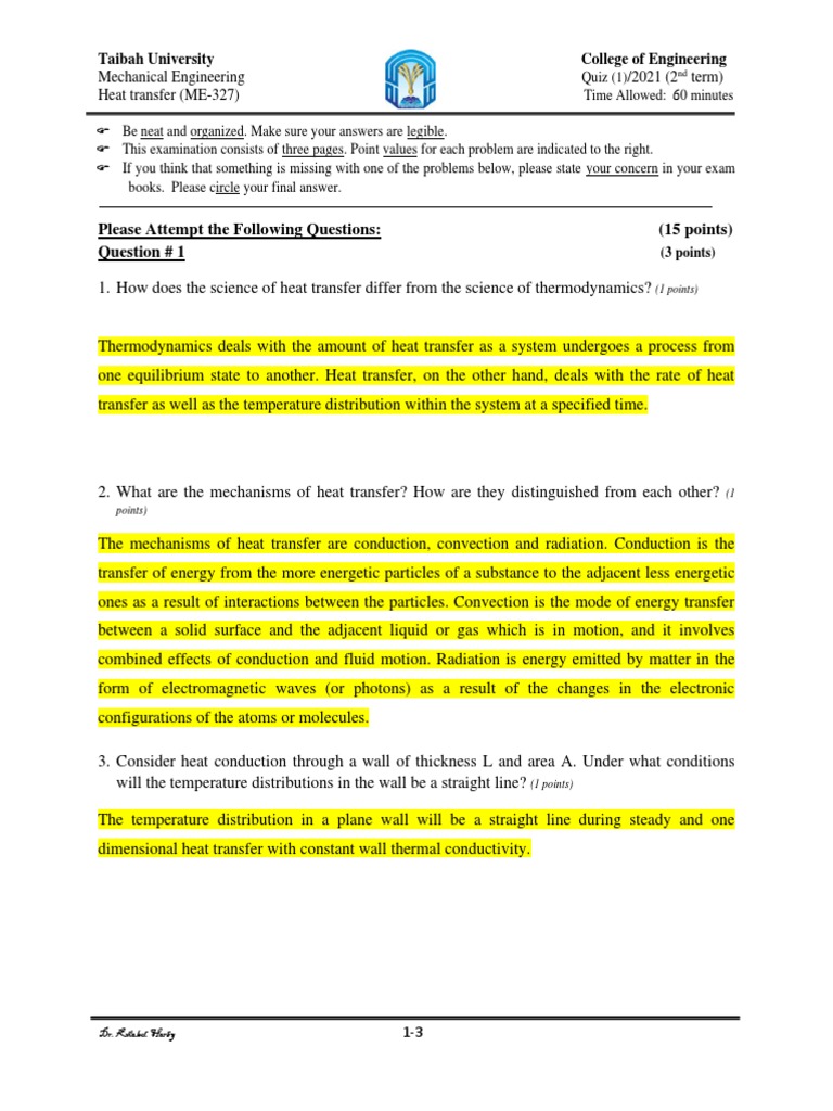 Heat Transfer Quiz (1) MA - Solve | PDF | Heat Transfer | Heat