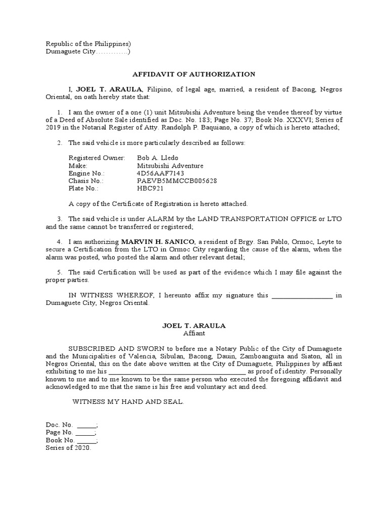 Affidavit of Authorization | PDF