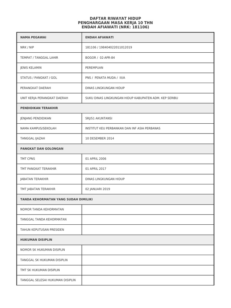 Endah Afiawati (NRK 181106) - Penghargaan Masa Kerja 10 THN | PDF | Kajian Bahasa Asing | Hukum