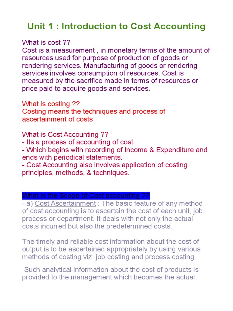 Unit 1 Introduction To Cost Accounting | PDF | Cost Accounting | Cost