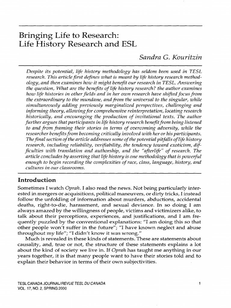 Bringing Life To Research: Life History Research and ESL: Sandra ...