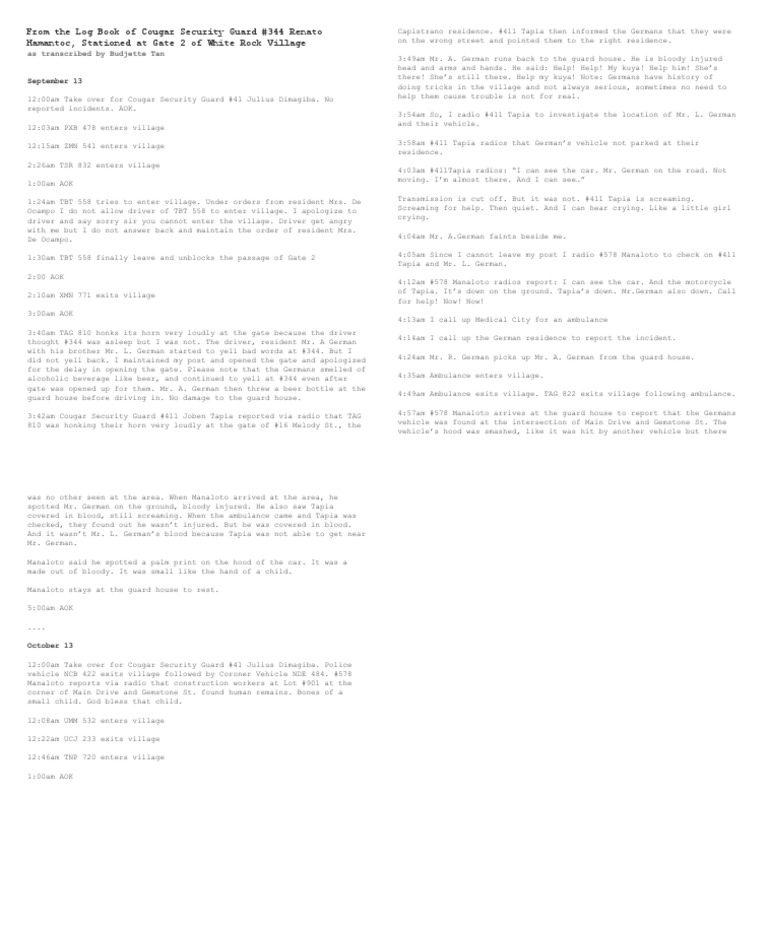 Security Guard Log Sheet Security Officer's Log Of The Watergate