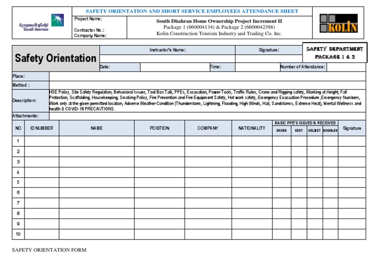3.2.1 Safety Orientation and Short Service Employees Attendance Sheet | PDF