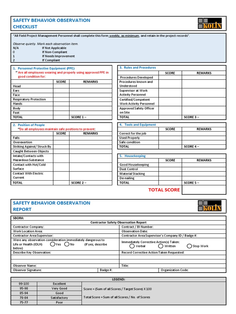 Safety Behavior Observation Checklist: Observe Quietly. Mark Each ...