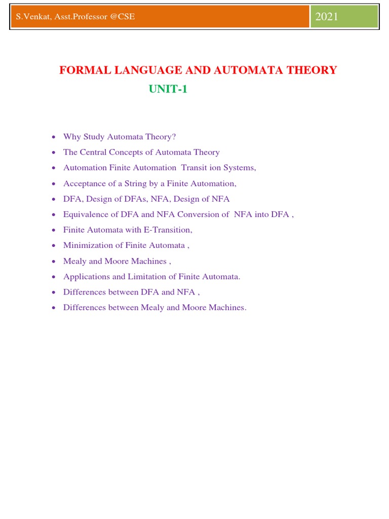 Formal Language and Automata Theory: UNIT-1 | PDF | Theory Of Computation | Models Of Computation