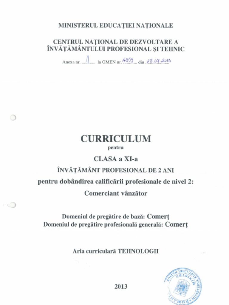 Curriculum Clasa A XI-A Profesională | PDF