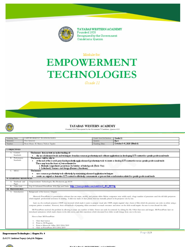Empowerment Technologies: Grade 11 | PDF | Educational Technology ...