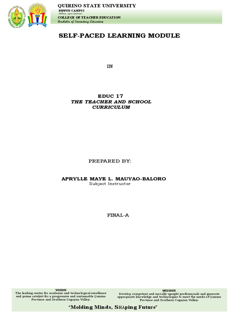 Self-Paced Learning Module: The Teacher and School Curriculum | PDF | Curriculum | Learning