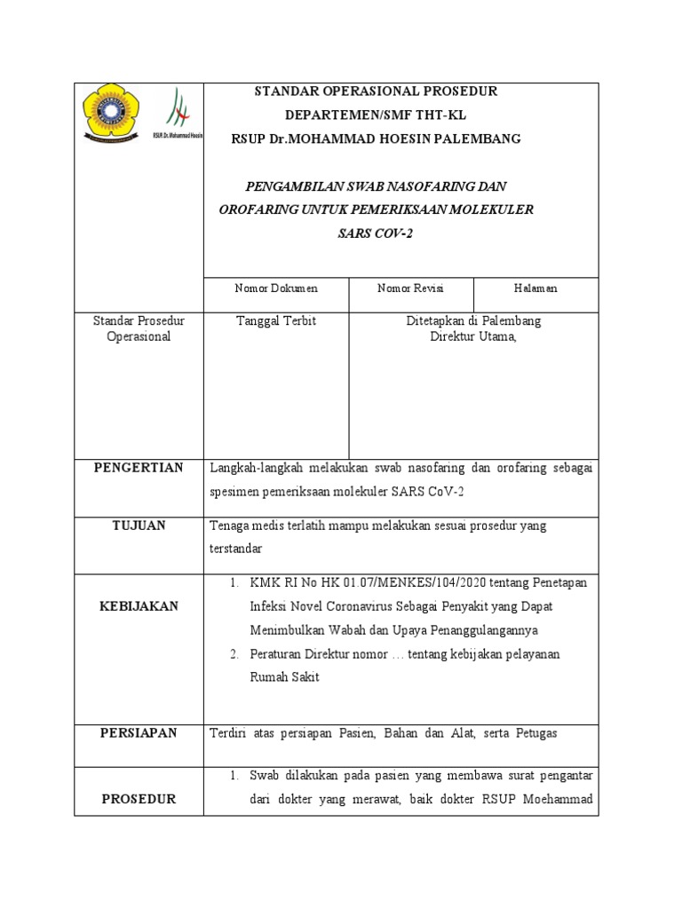 SOP Swab Nasofaring THT | PDF | Kesehatan Holistik | Sains & Matematika