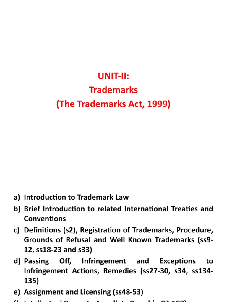 Unit-Ii: Trademarks (The Trademarks Act, 1999) | PDF | Trademark ...