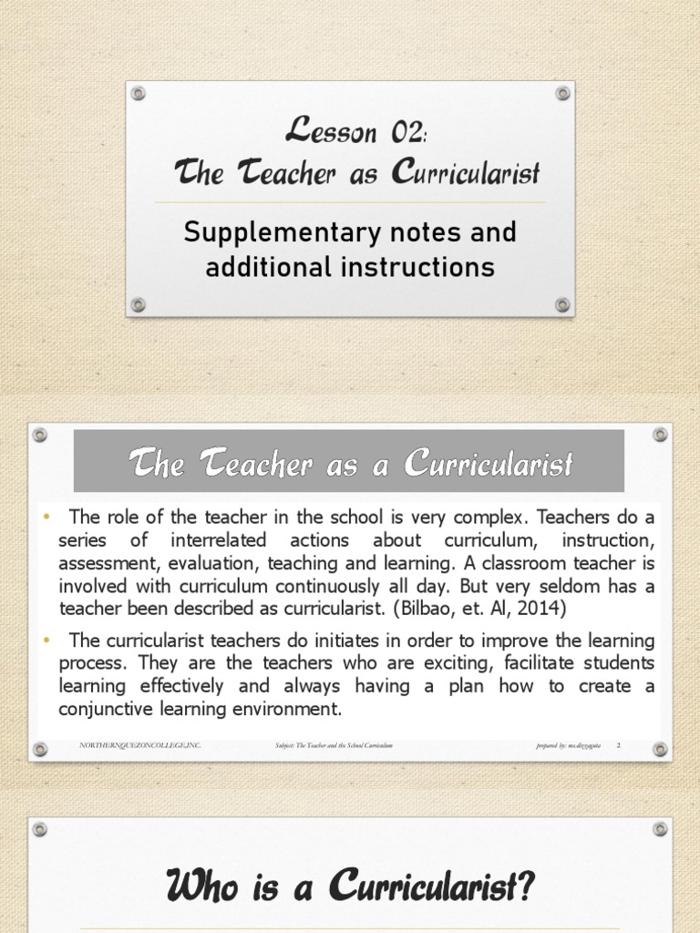 Lesson 2 - The Teacher As Curricularist Supplementary Notes and ...
