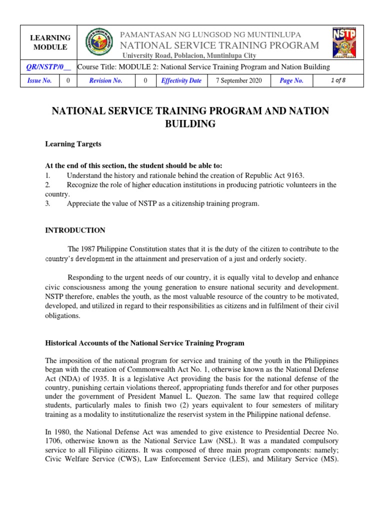 NSTP Module: Nation Building Guide | PDF | Reserve Officers' Training ...